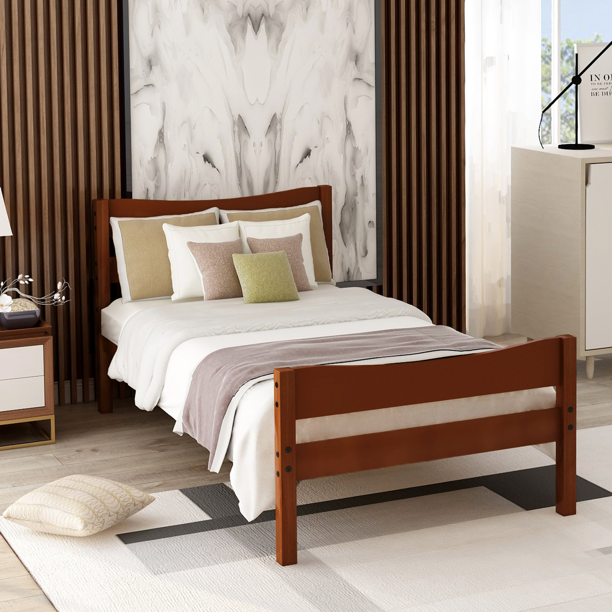 Ebern Designs Twin Size Wood Platform Bed With Headboard And Wooden ...